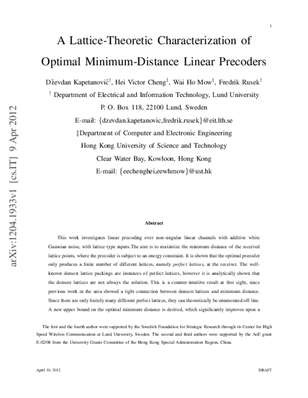 (PDF) A Lattice-Theoretic Characterization of Optimal Minimum-Distance Linear Precoders