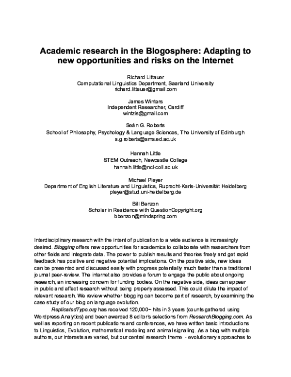 (PDF) Academic research in the Blogosphere: Adapting to new ...