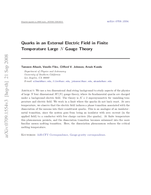 (PDF) Quarks In An External Electric Field In Finite Temperature Large N Gauge Theory