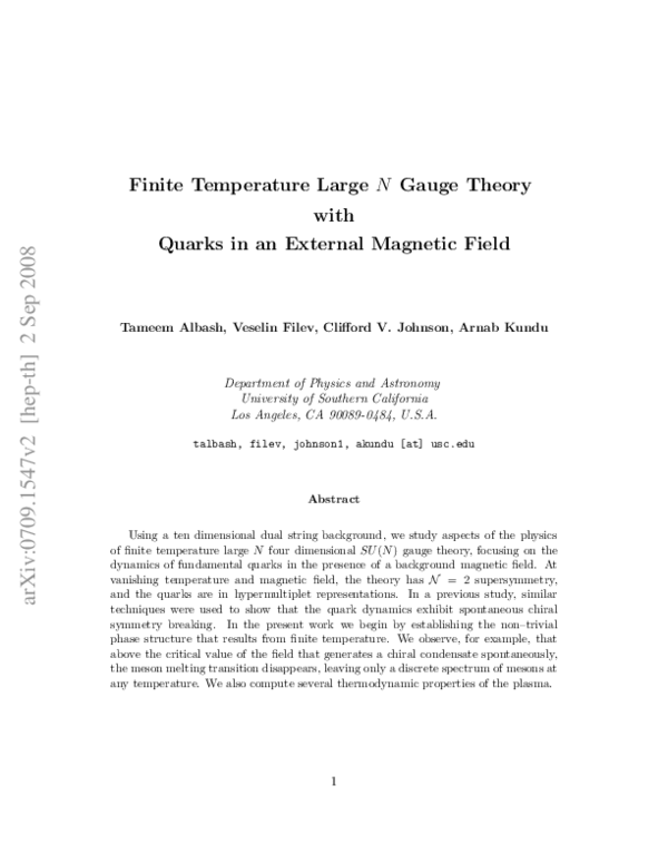 (PDF) Finite Temperature Large N Gauge Theory With Quarks In An External Magnetic Field