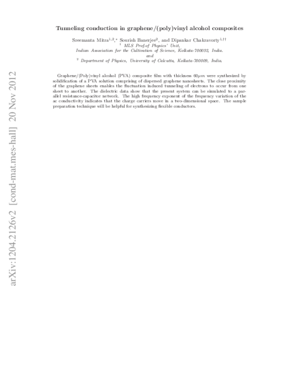 Pdf Tunneling Conduction In Graphene Poly Vinyl Alcohol Composites