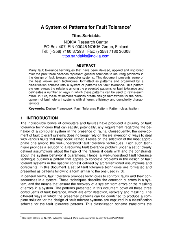 (PDF) A System of Patterns for Fault Tolerance