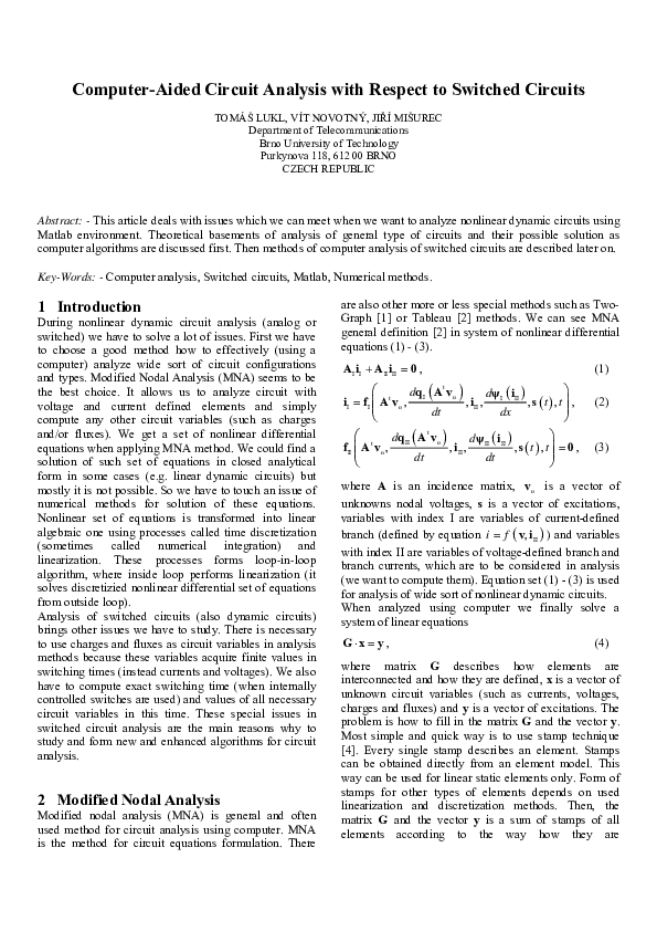 Pdf Computer Aided Circuit Analysis With Respect To Switched Circuits