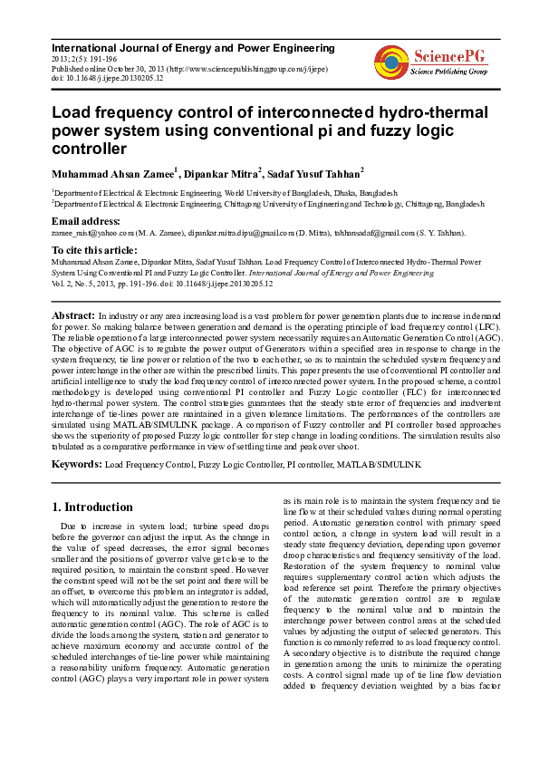 Pdf Load Frequency Control Of Interconnected Hydro Thermal Power System Using Conventional Pi