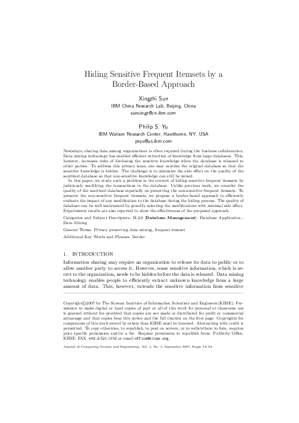 Pdf Hiding Sensitive Frequent Itemsets By A Border Based Approach