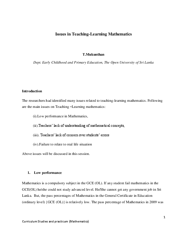 (PDF) Issues in Teaching-Learning Mathematics