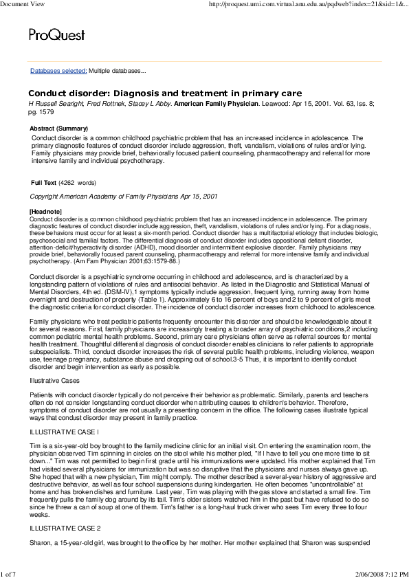 (PDF) Conduct Disorder: Diagnosis and Treatment In Primary Care
