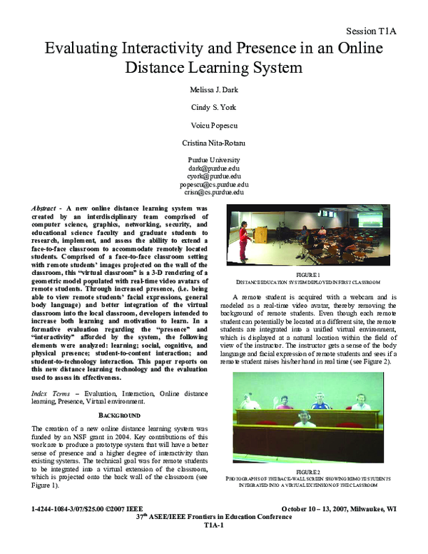 (PDF) 'Evaluating Interactivity and Presence In An Online Distance ...