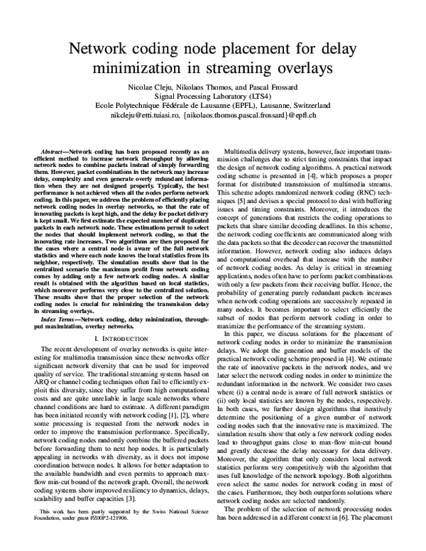 Pdf Network Coding Node Placement For Delay Minimization In Streaming Overlays Nicolae Cleju