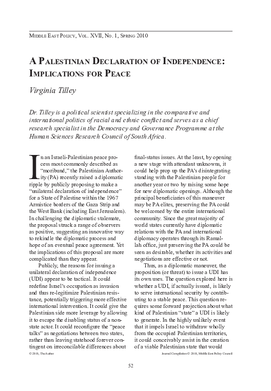 (PDF) A Palestinian Declaration of Independence: Implications for Peace