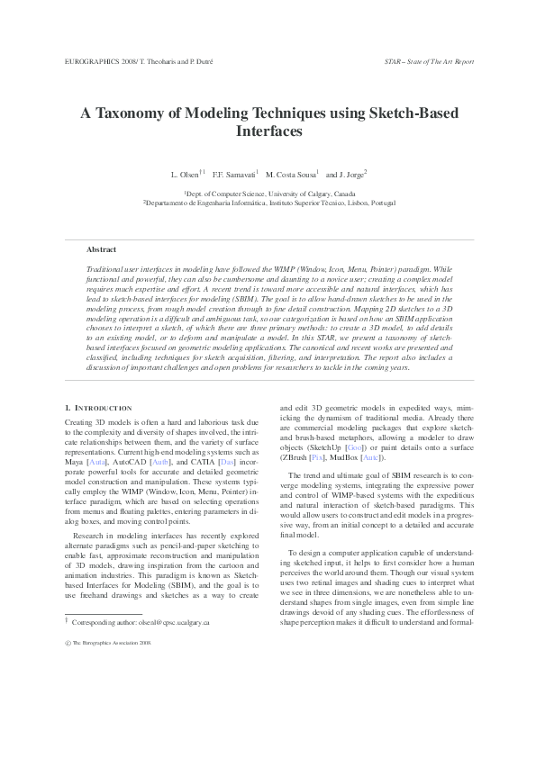 (PDF) A Taxonomy of Modeling Techniques Using Sketch-Based Interfaces