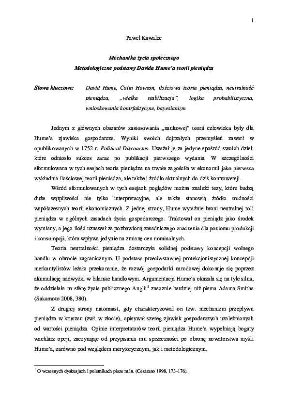 (PDF) Mechanika życia społecznego. Metodologiczne podstawy Davida Hume’a teorii pieniądza