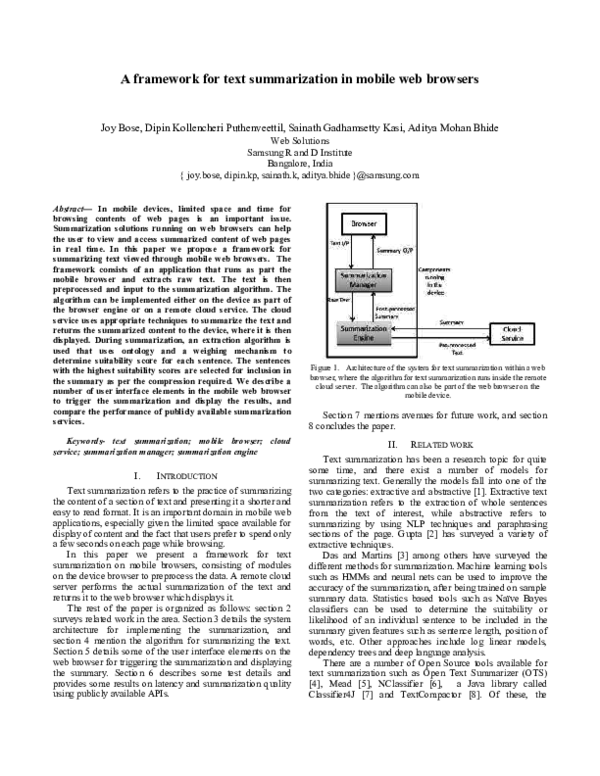 Pdf A Framework For Text Summarization In Mobile Web Browsers