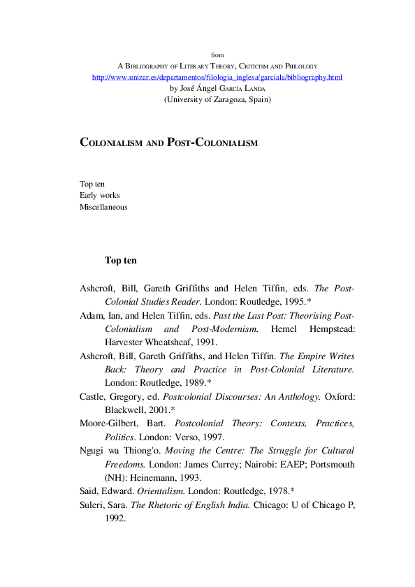 (DOC) Colonialism and Post-Colonialism