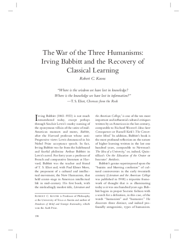 (PDF) War of the Three Humanisms: Irving Babbitt on Higher Learning