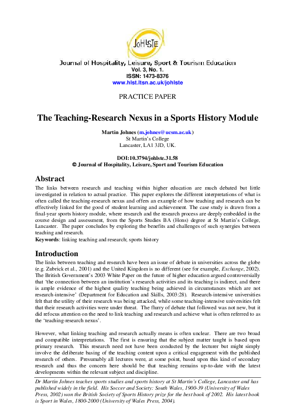(PDF) The Teaching-Research Nexus In a Sports History Module