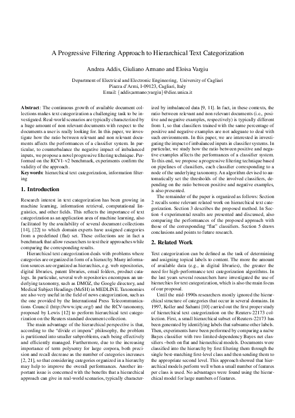 (PDF) A Progressive Filtering Approach to Hierarchical Text Categorization