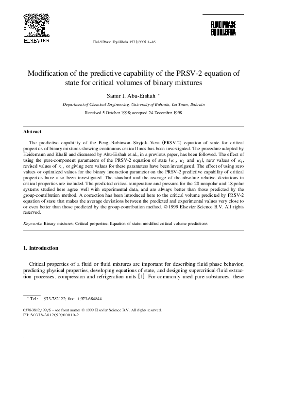 (PDF) Modification of the predictive capability of the PRSV-2 equation of state for critical ...