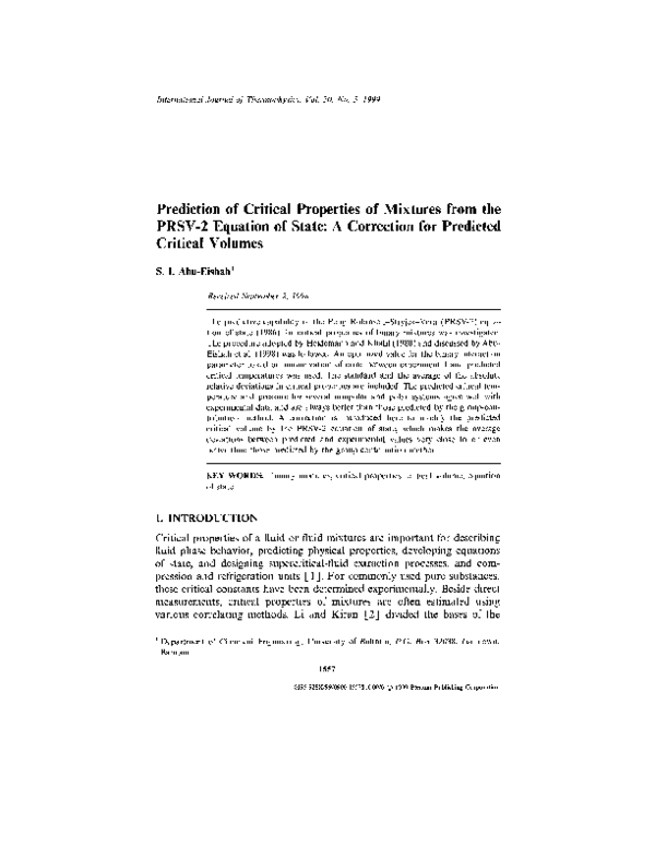 (PDF) Prediction of Critical Properties of Mixtures from the PRSV-2 Equation of State: A ...