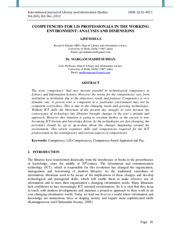 (PDF) COMPETENCIES FOR LIS PROFESSIONALS IN THE WORKING ENVIRONMENT ...
