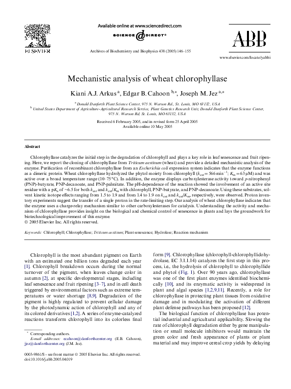 (PDF) Mechanistic Analysis of Wheat Chlorophyllase