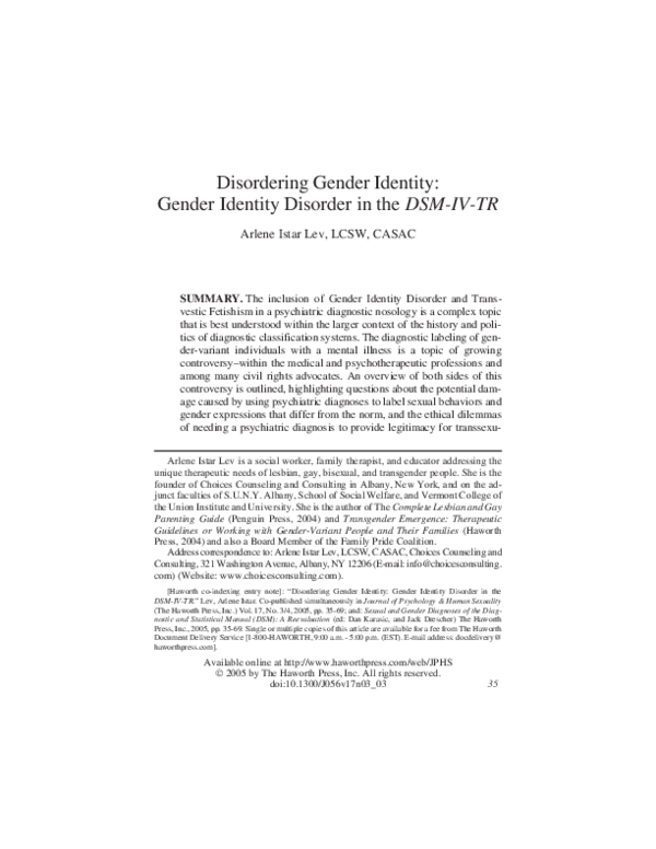 (PDF) Disordering Gender Identity: Gender Identity Disorder In the DSM ...