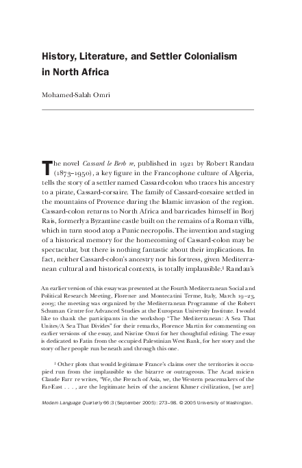 (PDF) History, Literature, and Settler Colonialism in North Africa