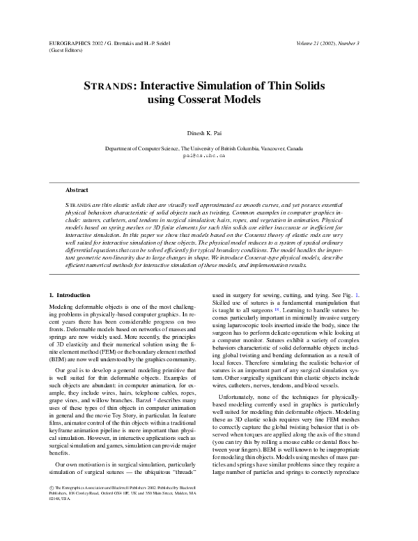 Pdf Strands Interactive Simulation Of Thin Solids Using Cosserat Models