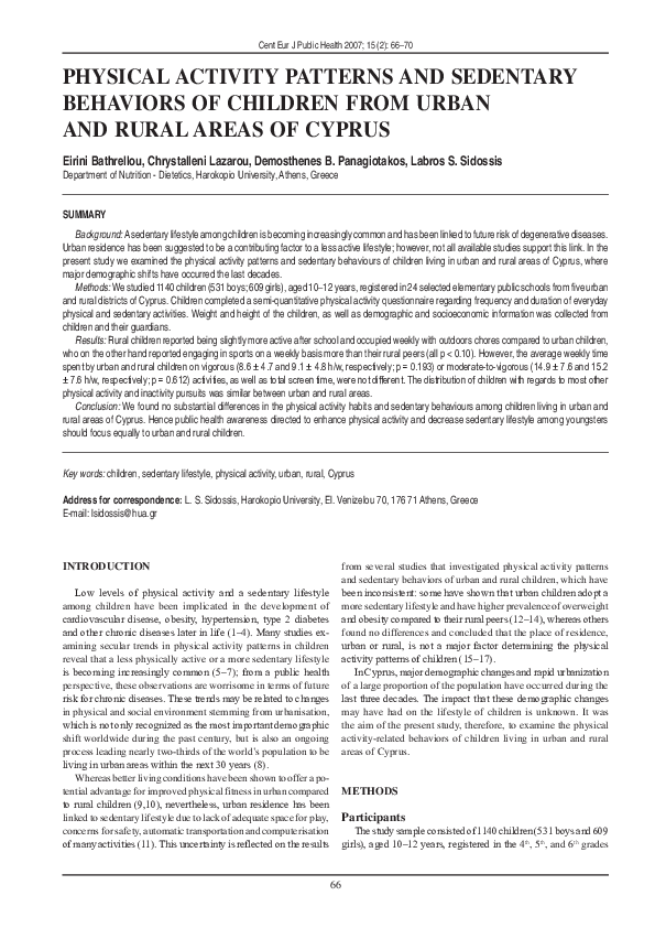 (PDF) Physical Activity Patterns and Sedentary Behaviors of Children From Urban and Rural Areas ...