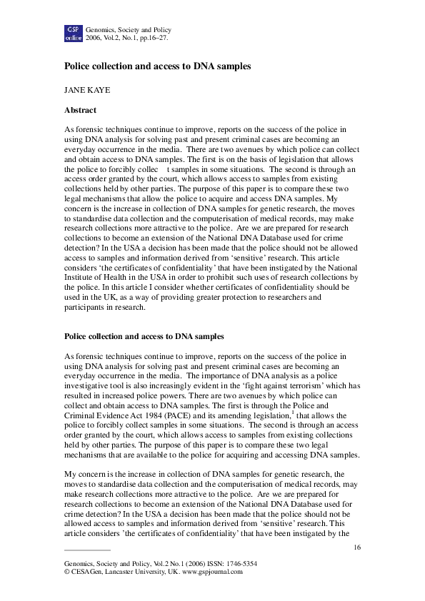 (PDF) Police collection and access to DNA samples