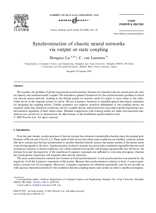 (PDF) Lu, H.T., & van Leeuwen, C. (2006). Synchronization of chaotic neural networks via output ...