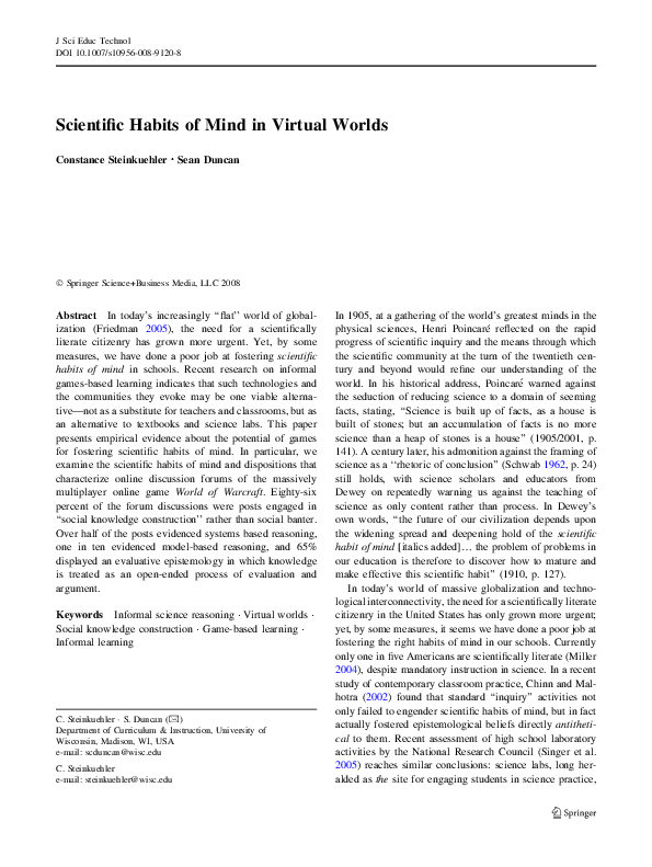 (PDF) Scientific Habits of Mind In Virtual Worlds