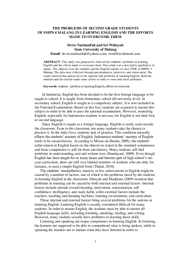 (PDF) THE PROBLEMS OF SECOND GRADE STUDENTS OF SMPN 4 MALANG IN ...