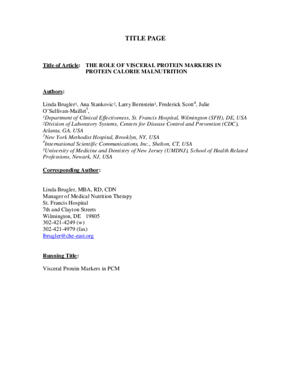 (PDF) The role of visceral protein markers in protein calorie ...