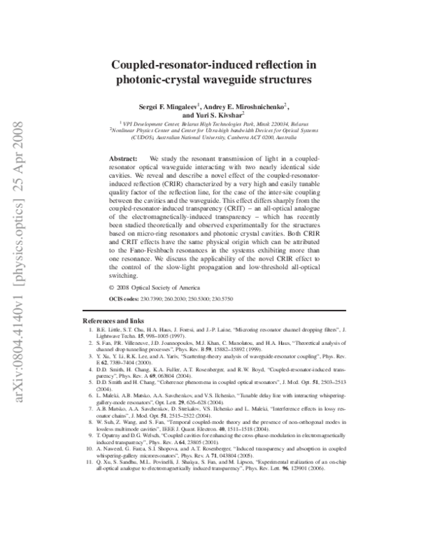 (PDF) Coupled-resonator-induced reflection in photonic-crystal waveguide structures