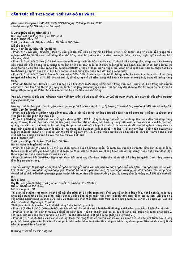 (DOC) CẤU TRÚC ĐỀ THI NGOẠI NGỮ CẤP ĐỘ B1 VÀ B2 I. D ng th c đ thi trình đ B1 Đi m: Mô t các ph ...