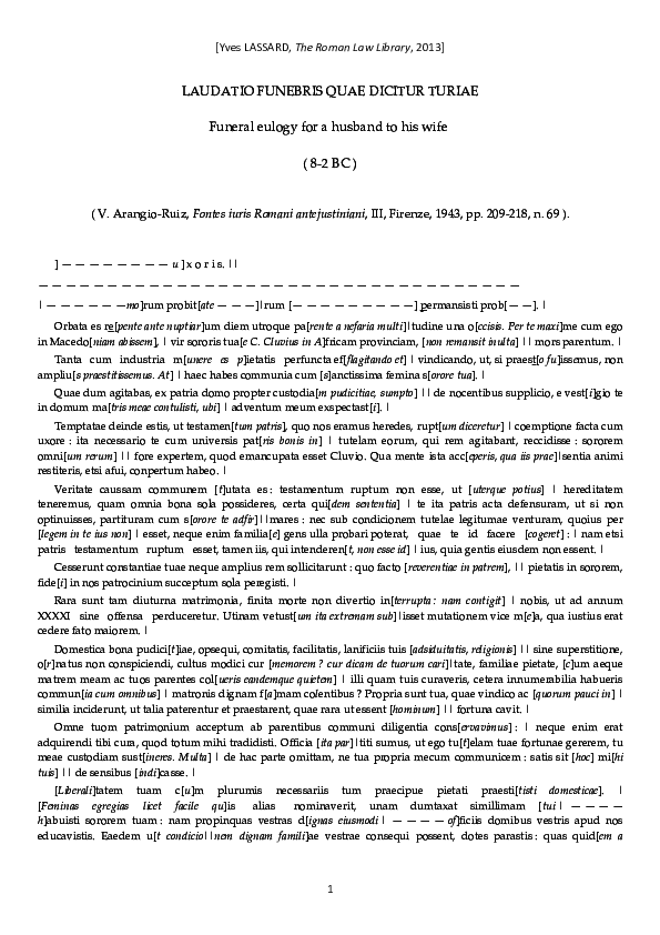 (PDF) Laudatio funebris quae dicitur Turiae (Arangio-Ruiz)