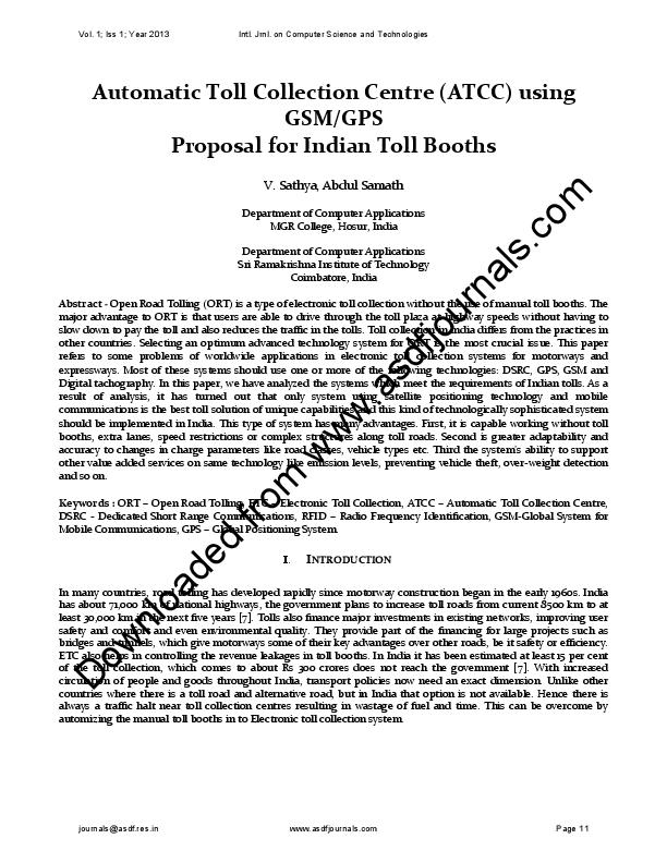 (PDF) Automatic Toll Collection Centre (ATCC) using GSM/GPS Proposal for Indian Toll Booths