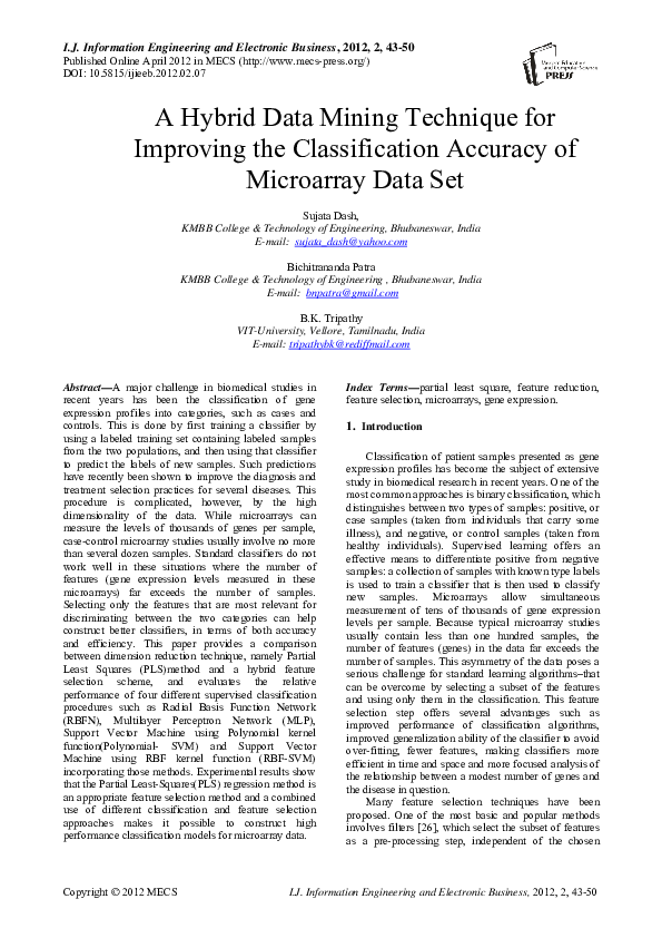 Pdf A Hybrid Data Mining Technique For Improving The Classification Accuracy Of Microarray