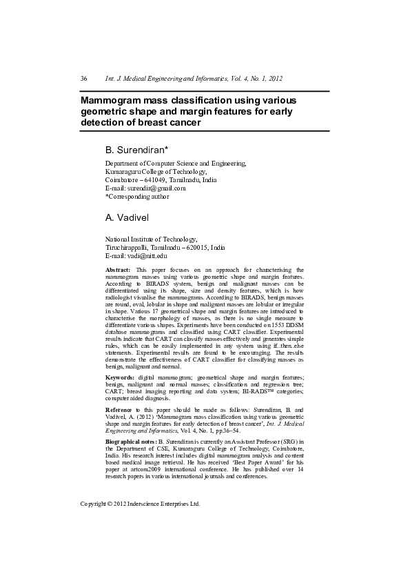 Pdf Mammogram Mass Classification Using Various Geometric Shape And Margin Features For Early
