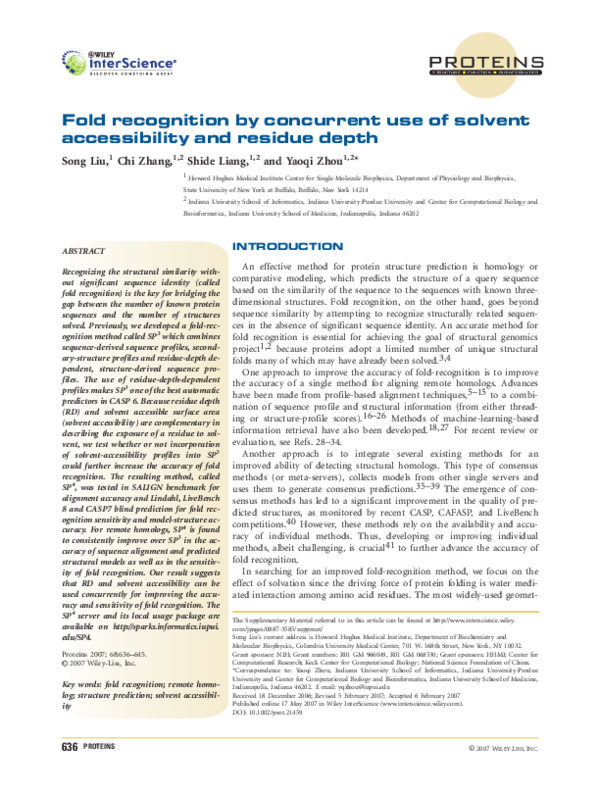 (PDF) Fold recognition by concurrent use of solvent accessibility and residue depth
