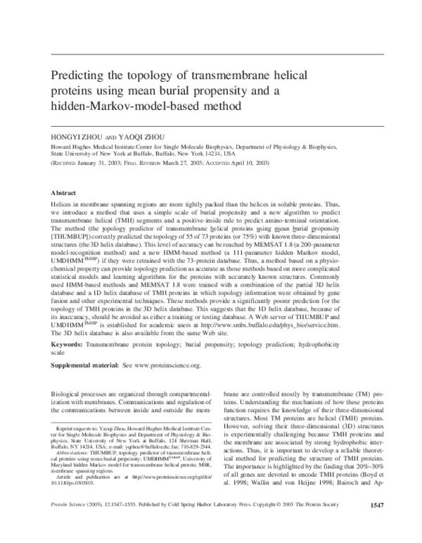 (PDF) Predicting the topology of transmembrane helical proteins using mean burial propensity and ...
