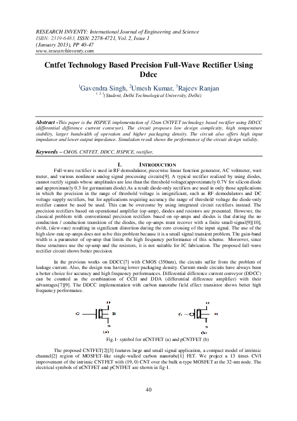 (PDF) Cntfet Technology Based Precision Full-Wave Rectifier Using Ddcc