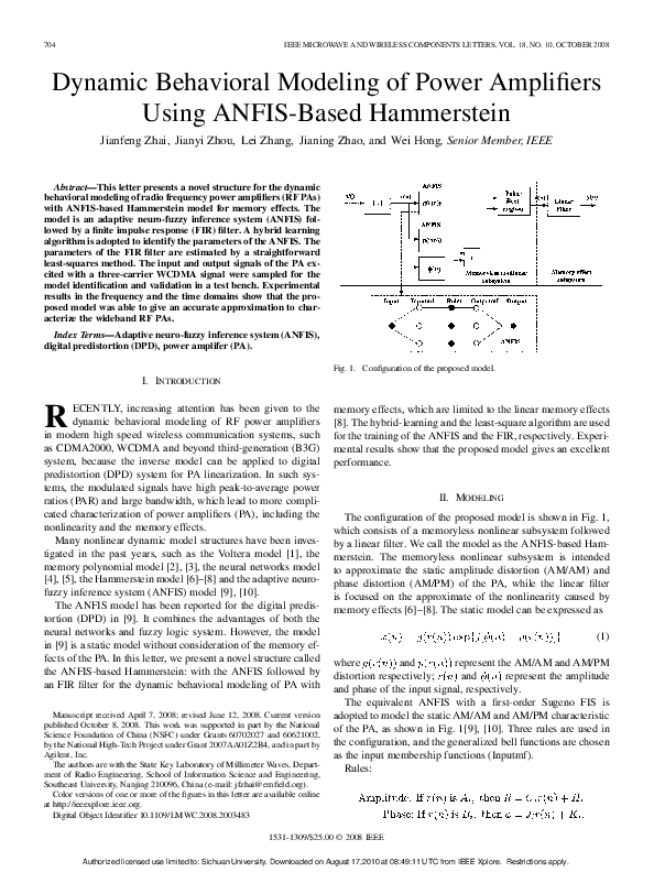 (PDF) Dynamic Behavioral Modeling of Power Amplifiers Using ANFIS-Based Hammerstein