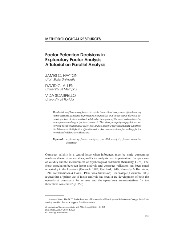 Pdf Factor Retention Decisions In Exploratory Factor Analysis A Tutorial On Parallel Analysis