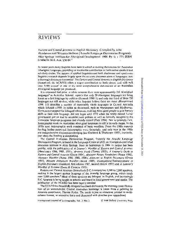 (PDF) Review. Eastern and central Arrernte to English dictionary. J ...