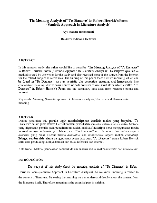 (PDF) The Meaning Analysis of "To Dianeme" in Robert Herrick's Poem ...