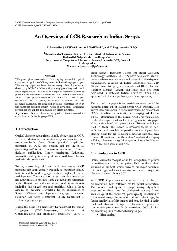 Pdf An Overview Of Ocr Research In Indian Scripts