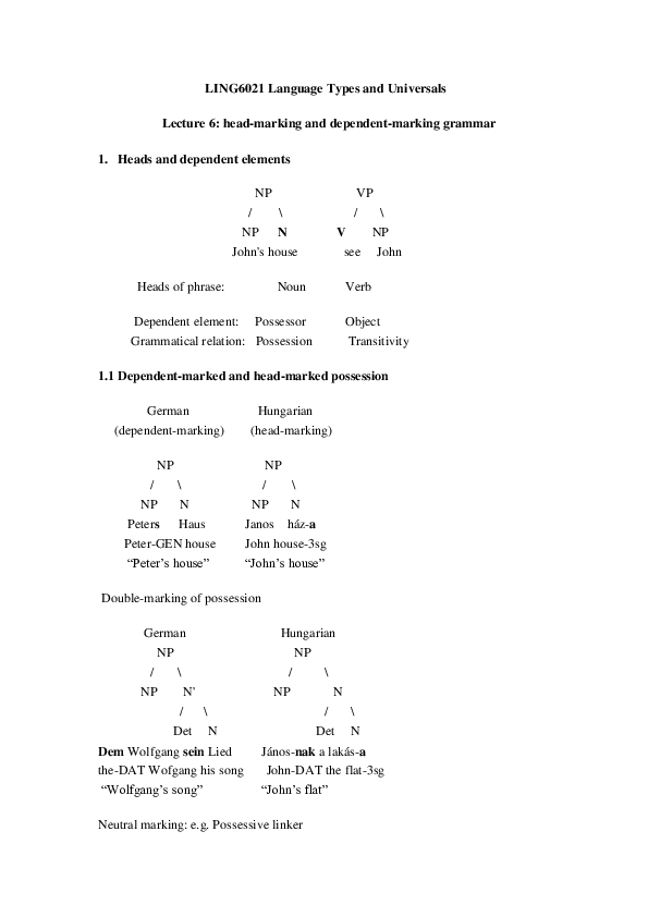 (PDF) LING6021 Language Types and Universals Lecture 6: head-marking and dependent-marking grammar