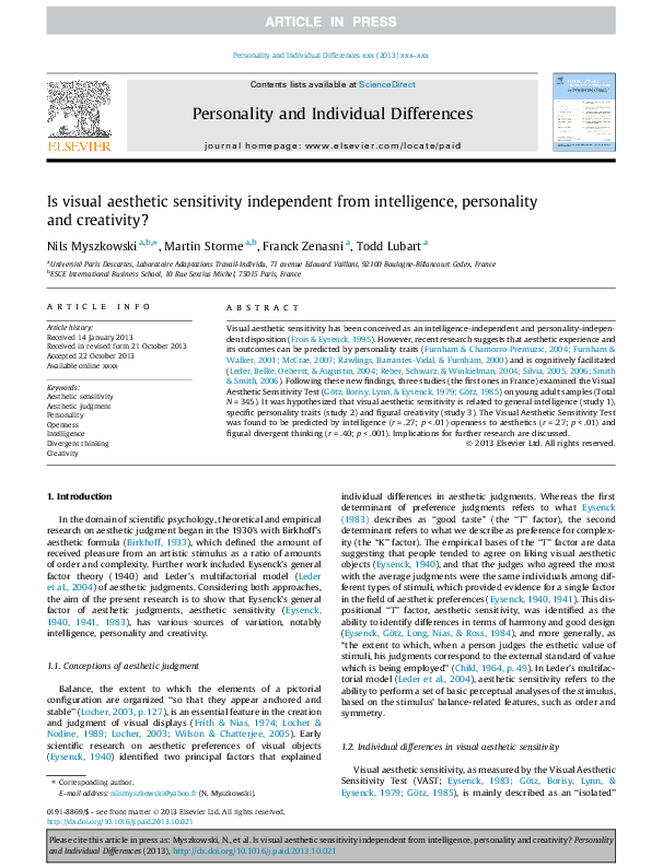 (PDF) Is visual aesthetic sensitivity independent from intelligence ...
